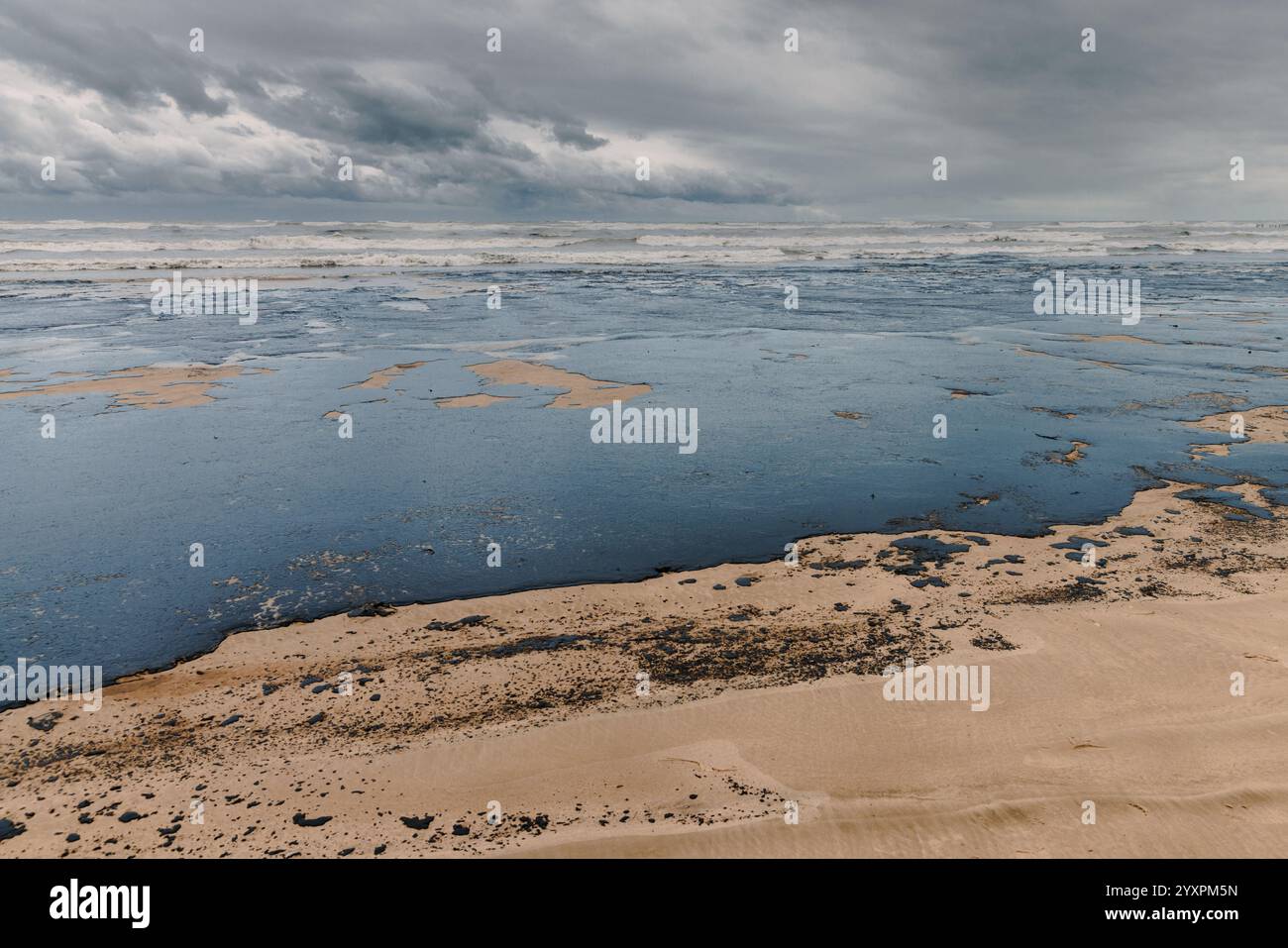 Oil spill in sea coastline after a tanker wreck. Fuel oil polluted ...