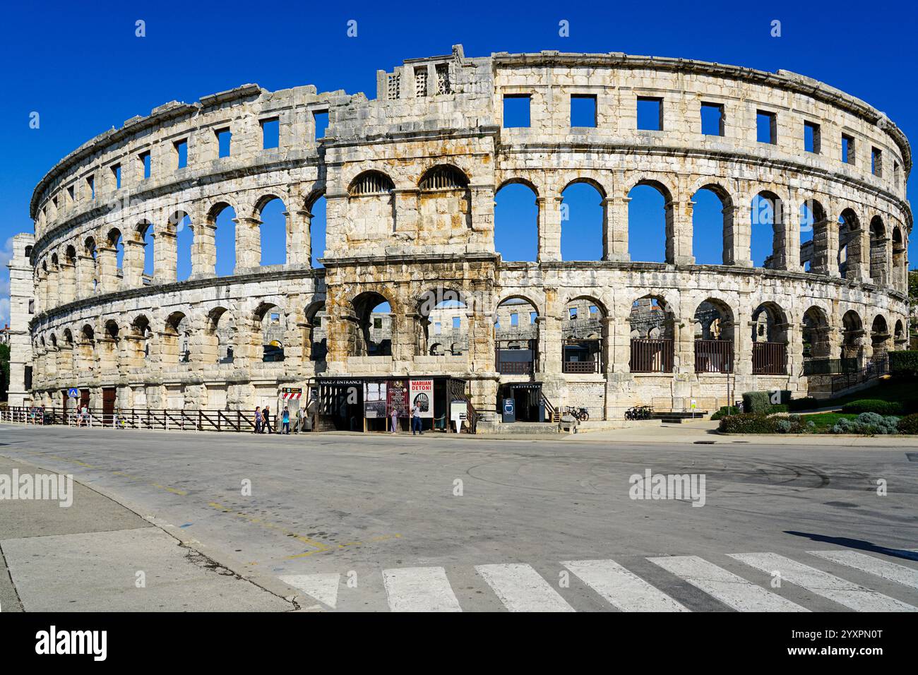 Pula, Croatia- September 25, 2024: Facade of Ancient ruins one of the ...
