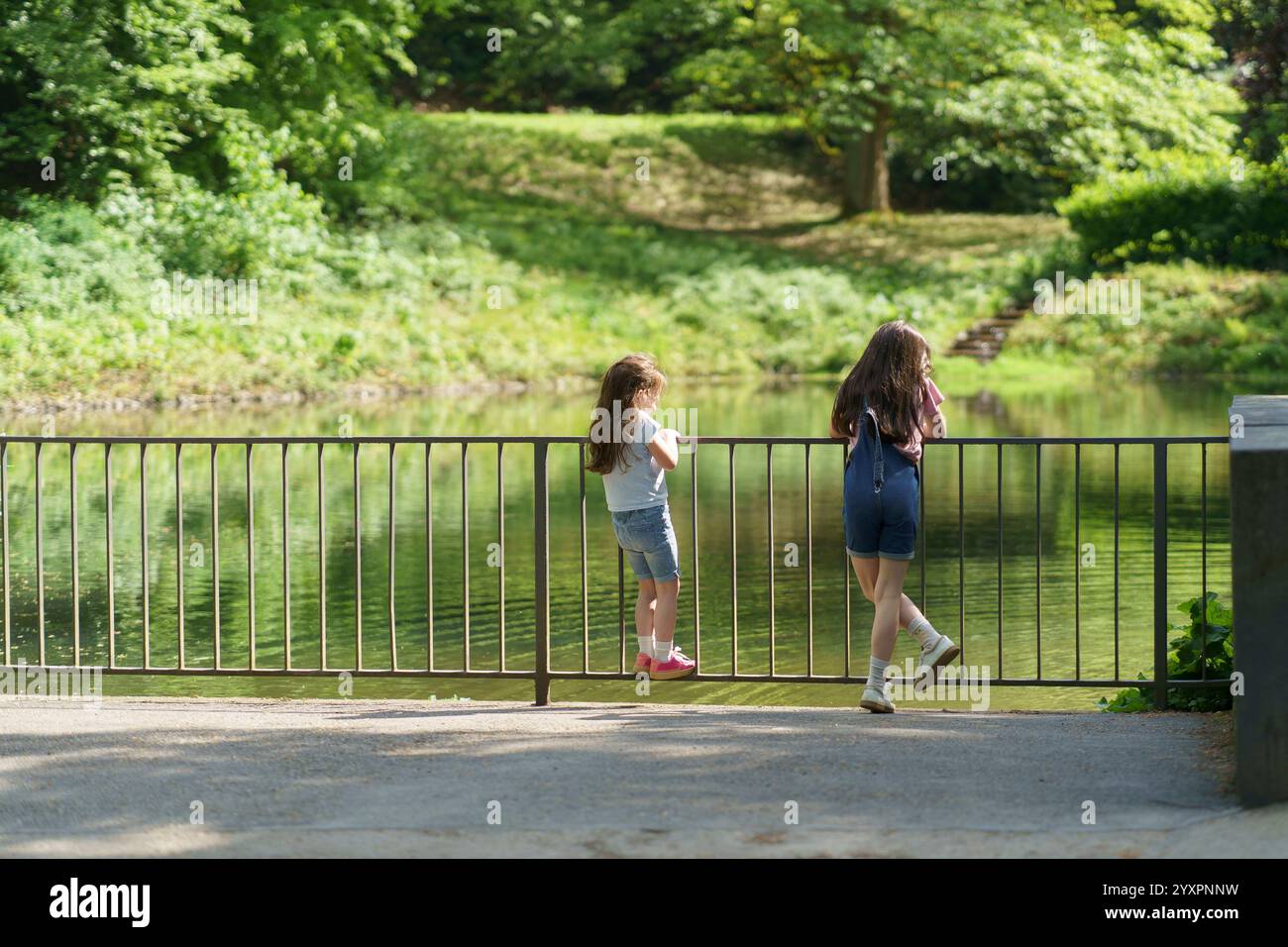 Two cute little girls hang on the railings in the park summer pond ...