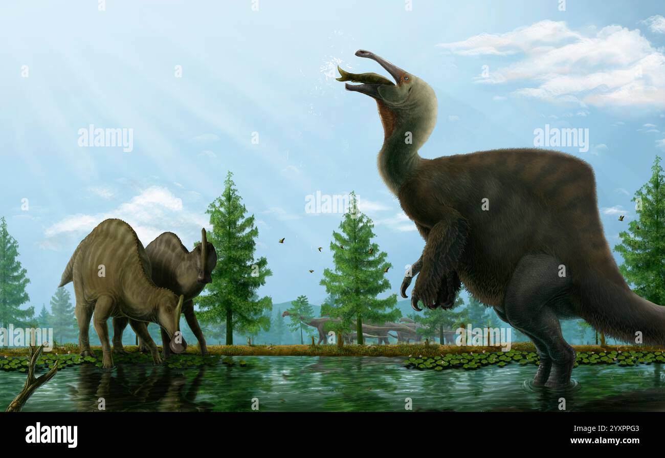 Deinocheirus swallowing a fish while Saurolophus dinosaurs graze behind ...