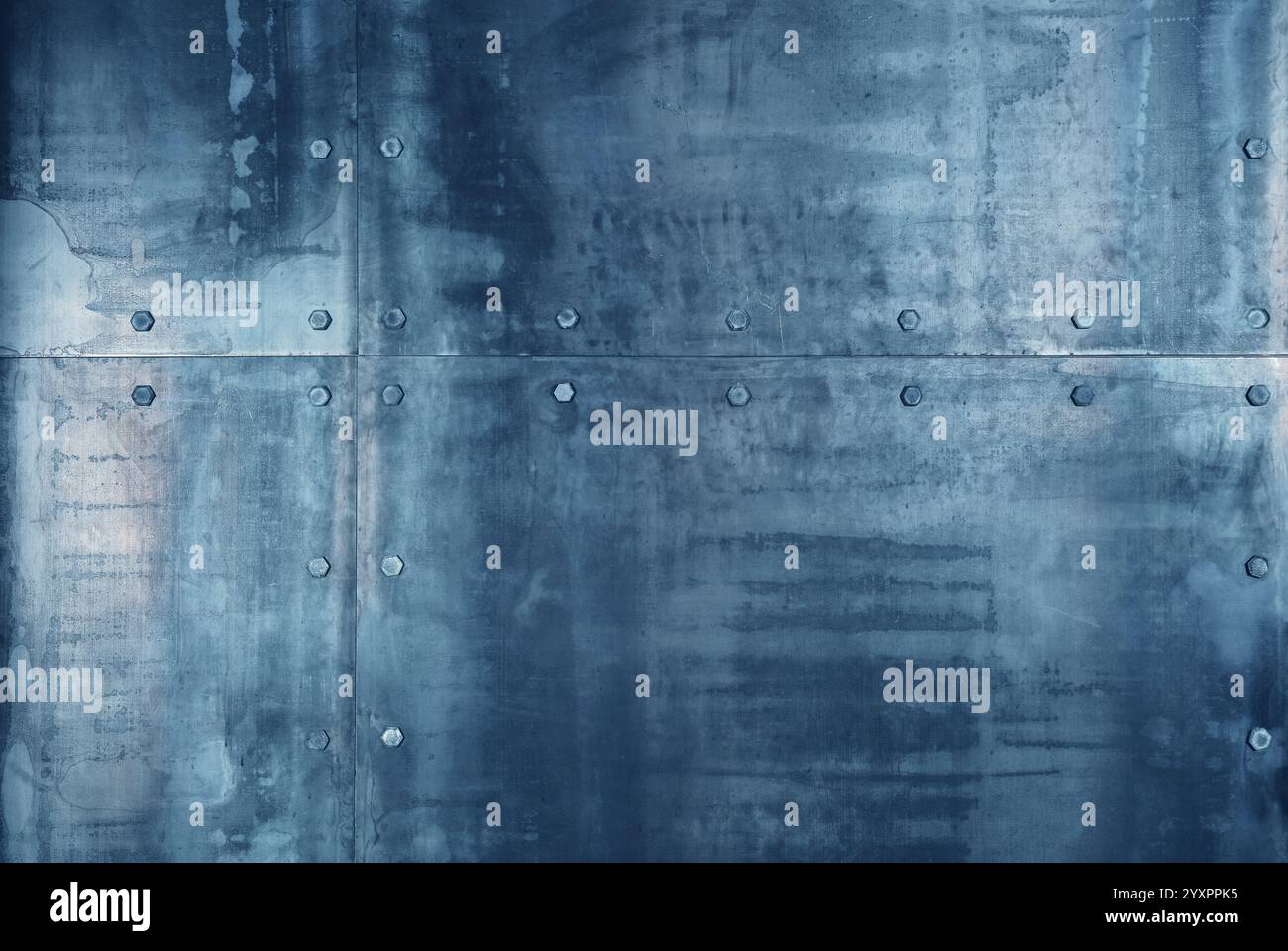 Grunge blue weathered steel metal panels wall with bolt heads or rivets ...