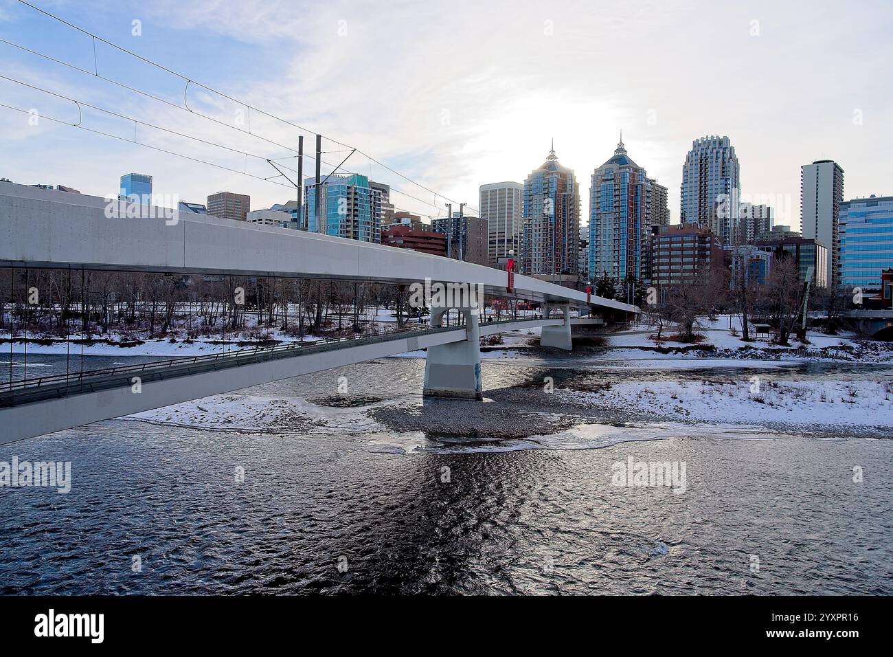 Pedestrian bridge over the Bow River in downtown Calgary Alberta Canada ...