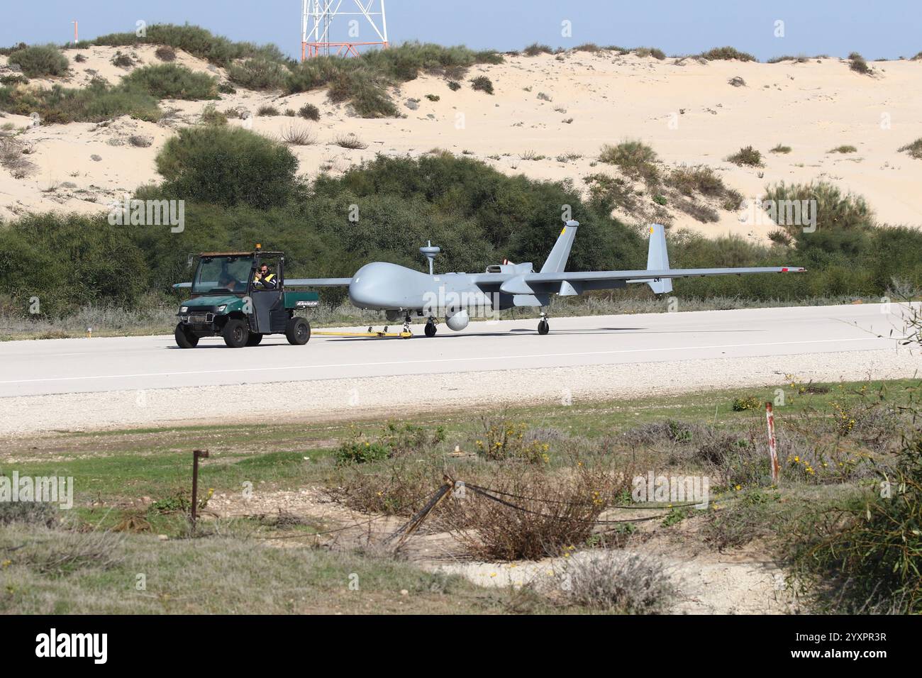 An Israeli Defense Forces Heron 1 Shoval UAV is towed to the beginning ...