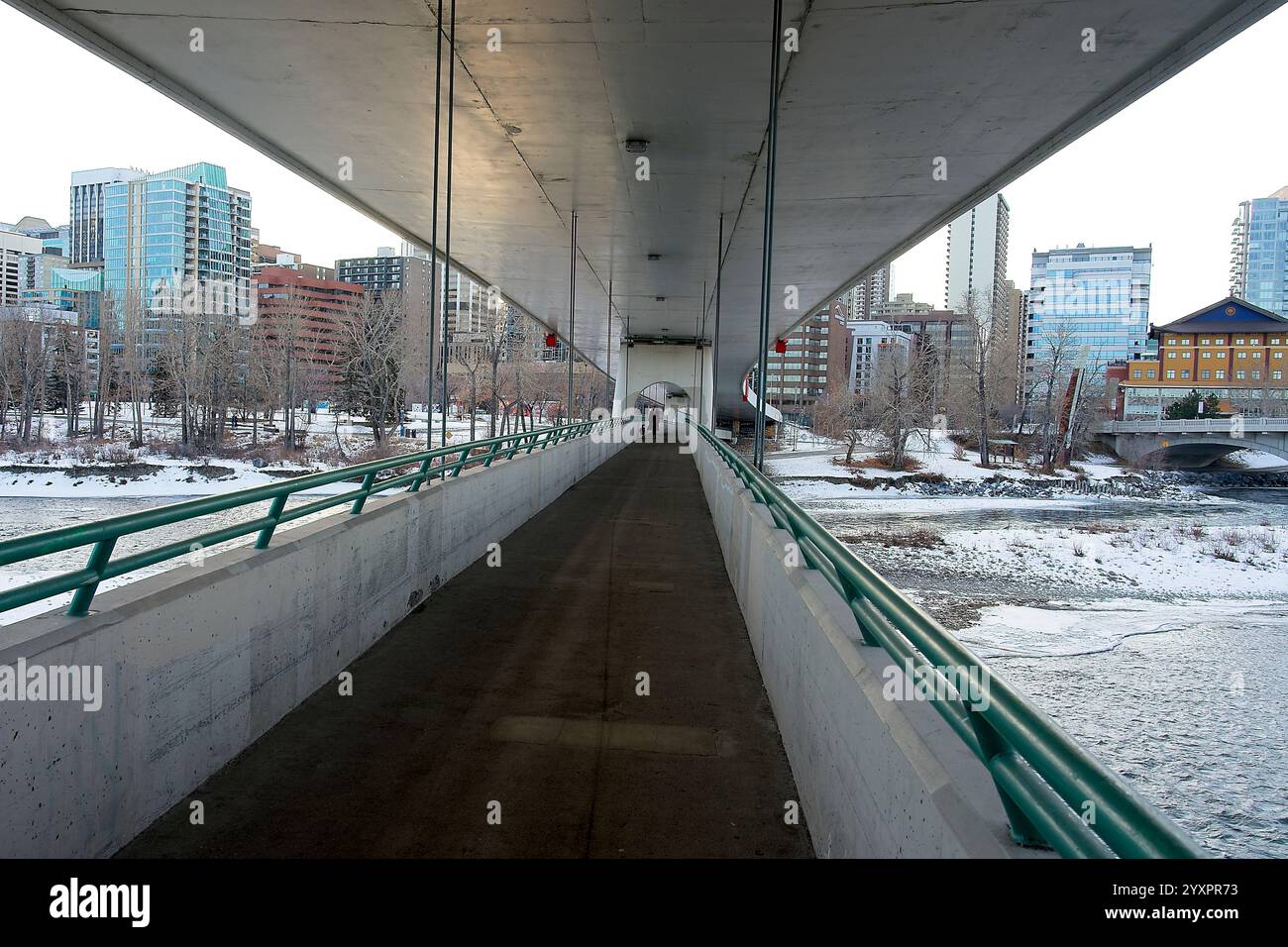 Pedestrian bridge over the Bow River in downtown Calgary Alberta Canada ...