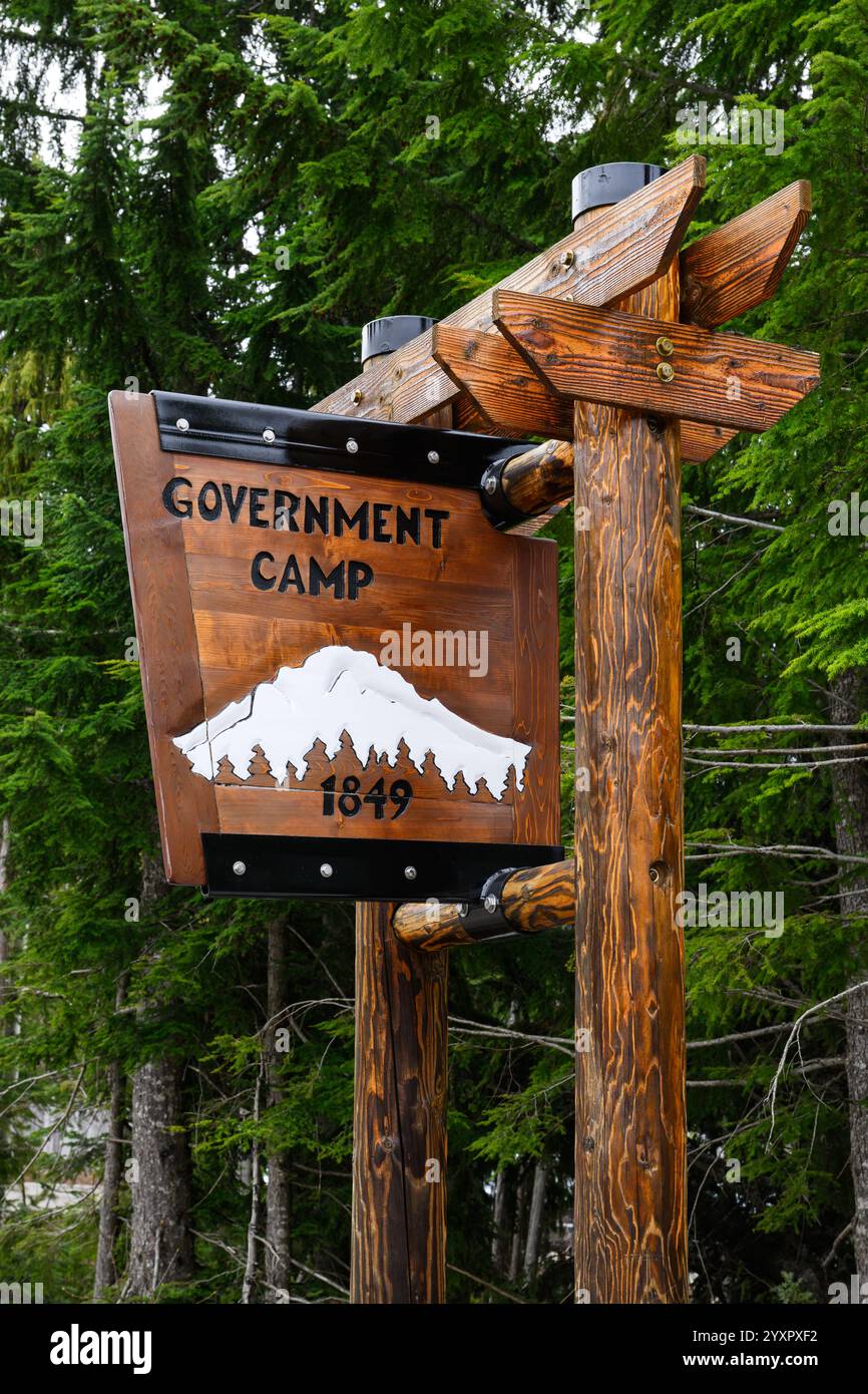 Government Camp, OR, USA - April 24, 2024; Wooden sign with design at ...