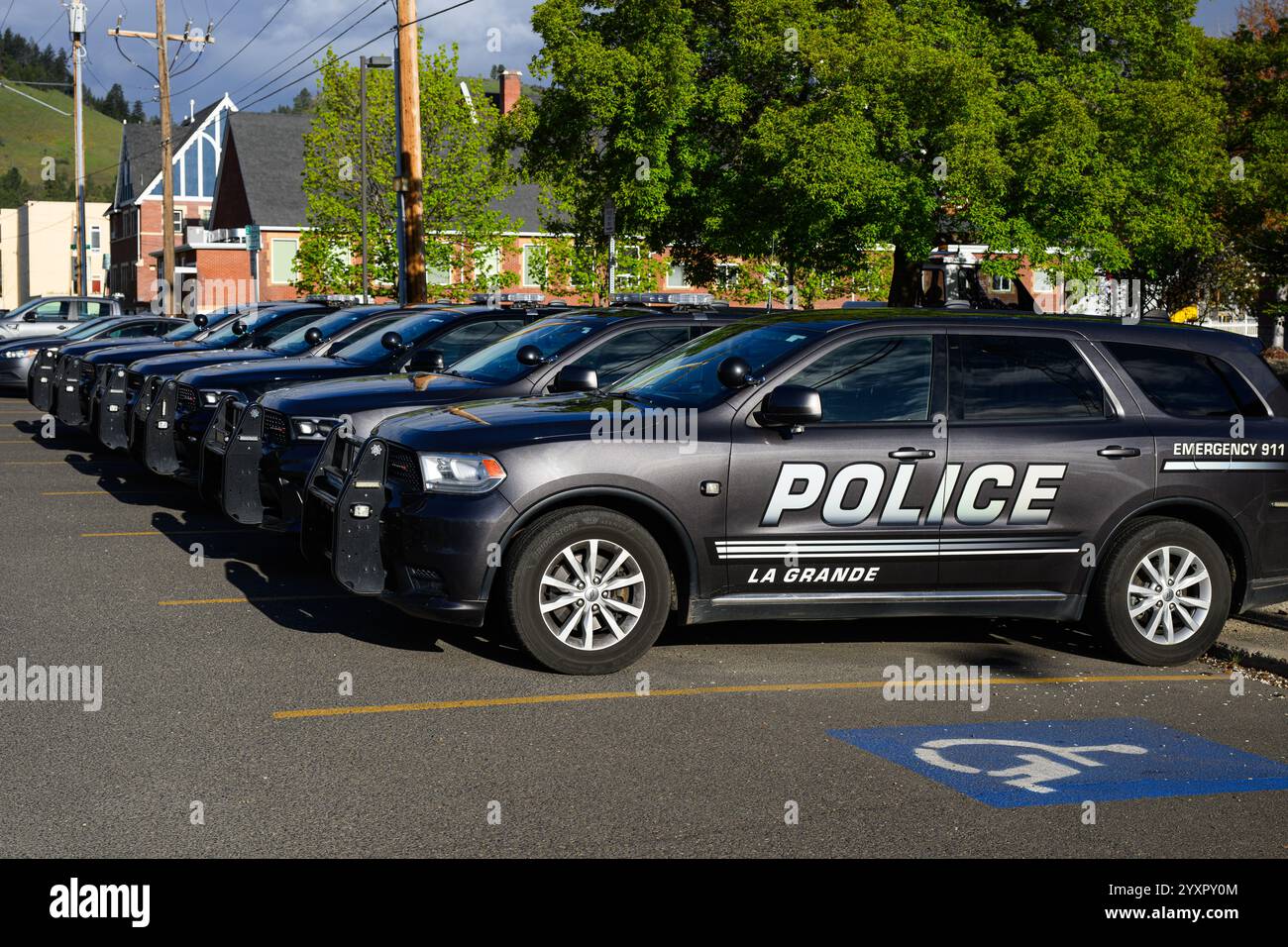 La Grande, OR, USA - April 27, 2024; Row of La Grande Oregon police ...