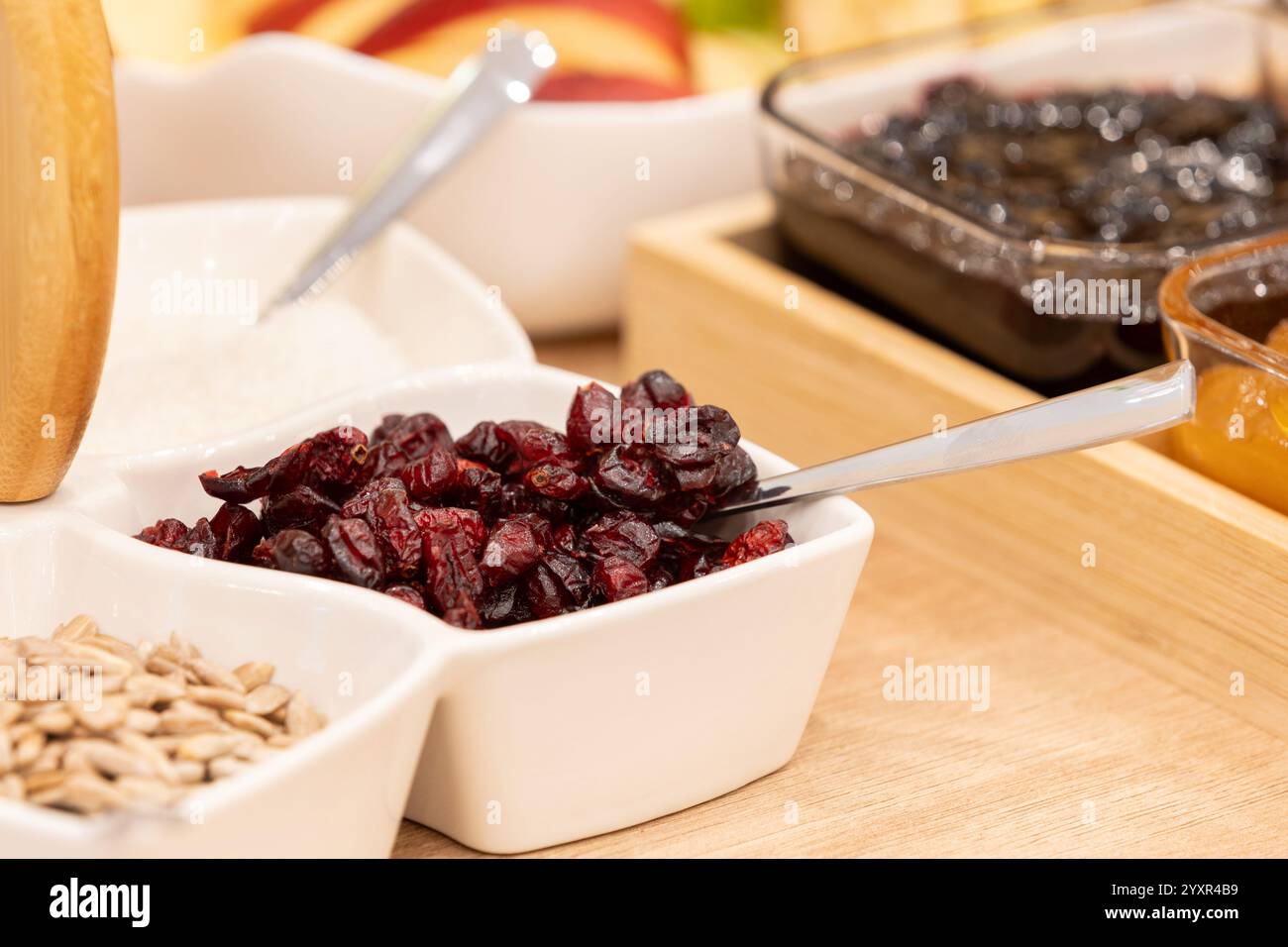 assorted dried fruits, cranberries and seeds, hotel buffet breakfast ...