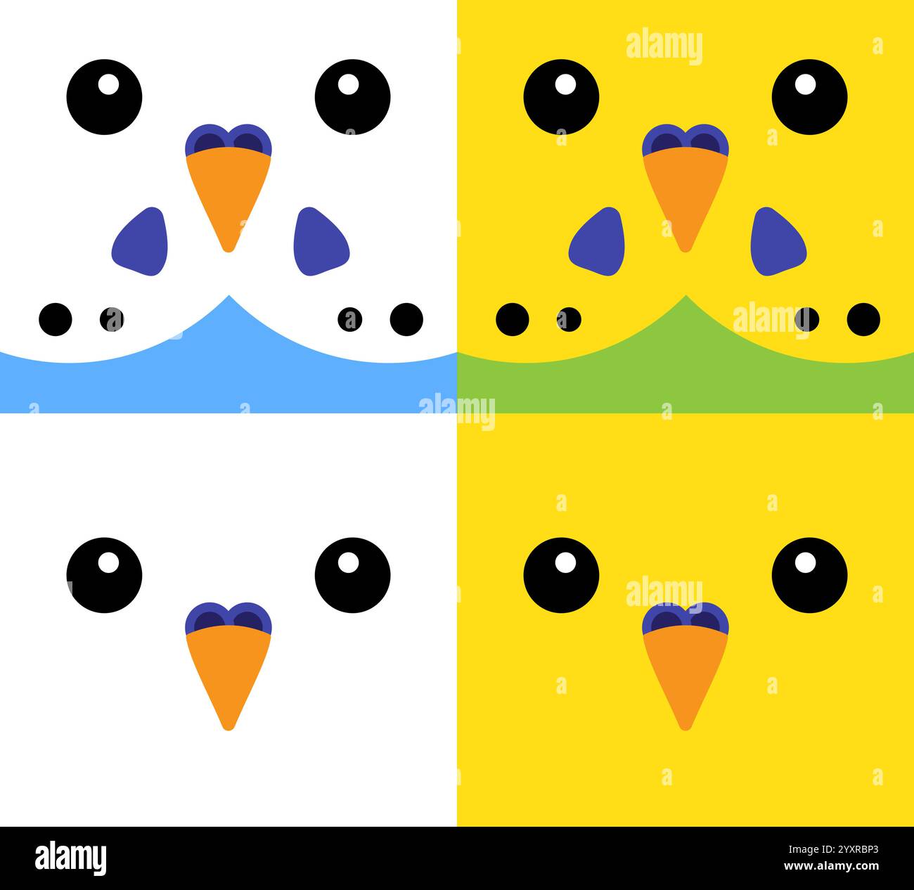 Vector set bundle of flat cartoon different colored budgie parrot face ...