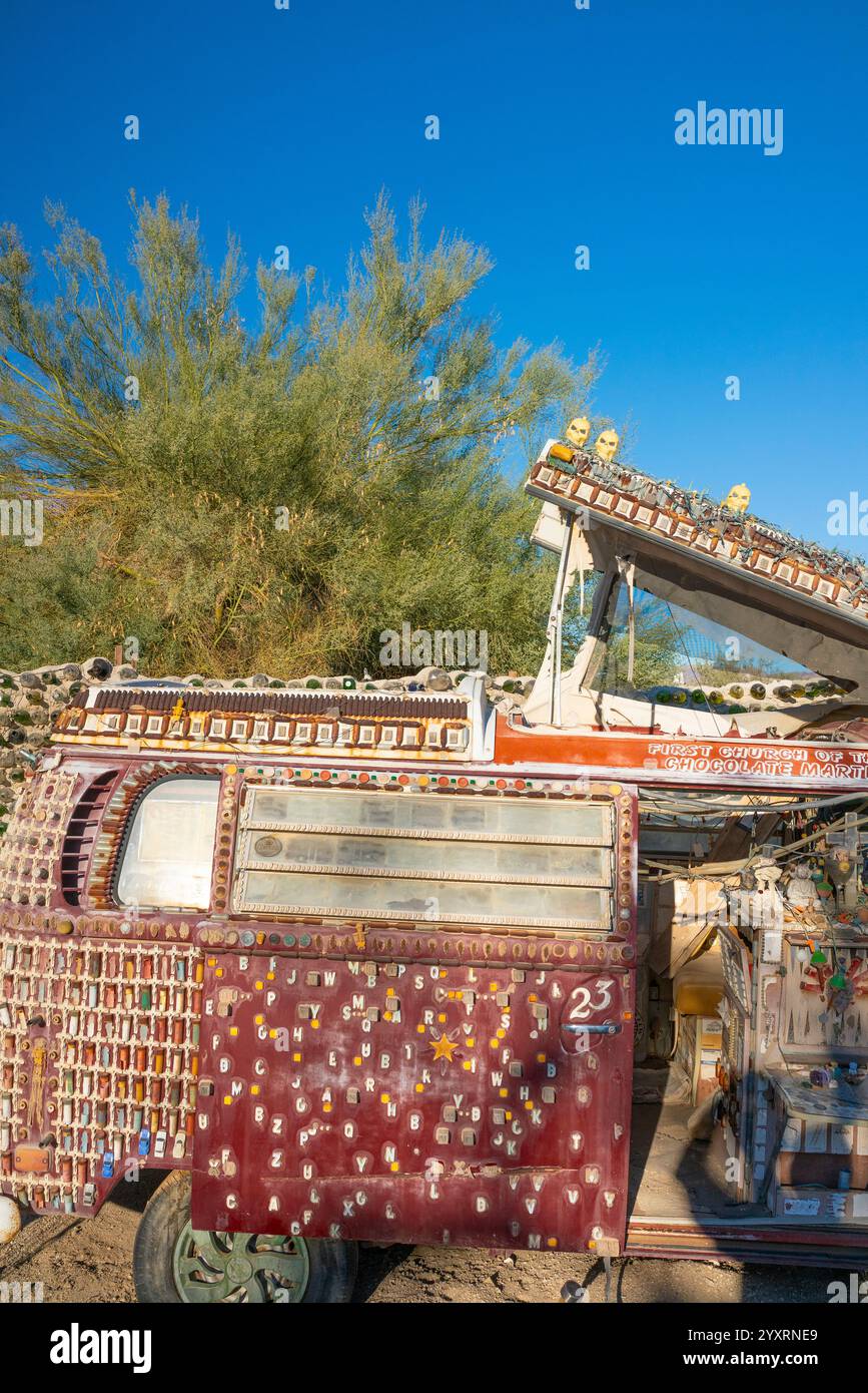Highly decorated VW bus in East Jesus, California. East Jesus is an ...