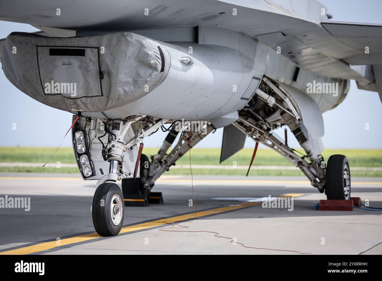 Fighter aircraft in parking position. Detail with landing gear Stock ...