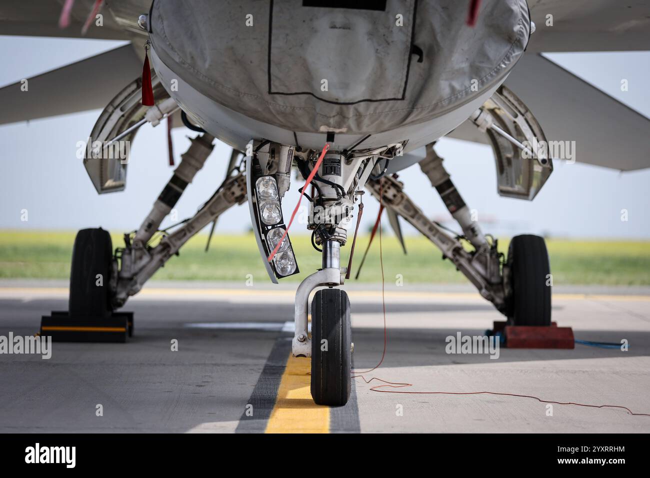 Fighter aircraft in parking position. Detail with landing gear Stock ...