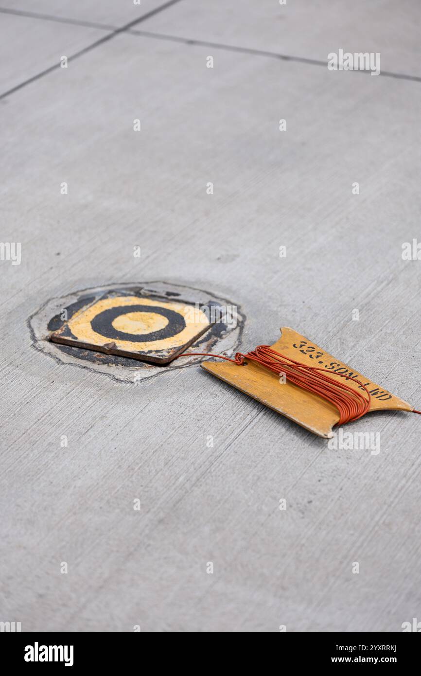 Electrical grounding cables are seen on a runway. Military fighter ...