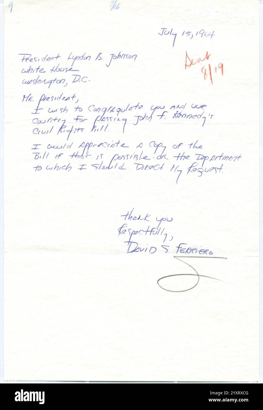 David Ferriero's letter to President Johnson Stock Photo - Alamy