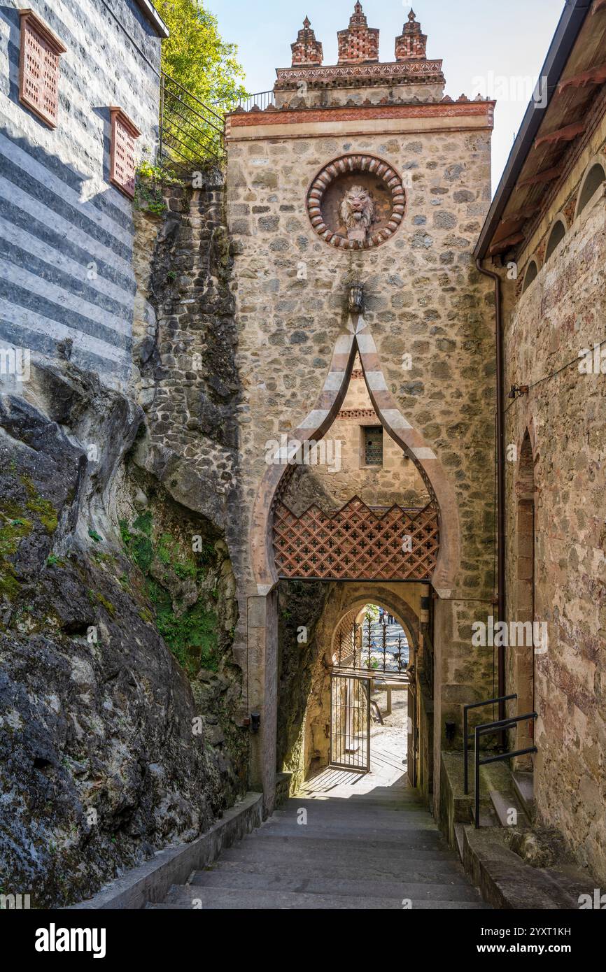 Entrance staircase with Moorish-style tower in Rocchetta Mattei Castle ...