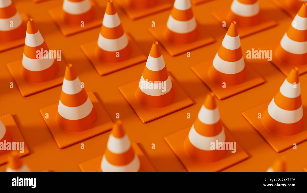 Top view on grid of Orange Traffic cone isolated on orange background ...