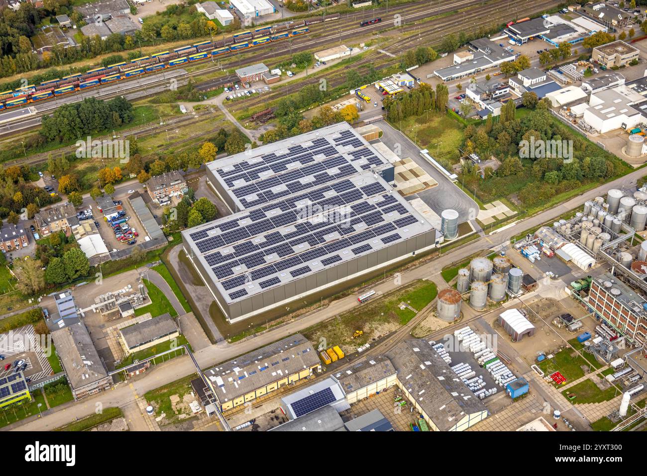 Aerial view, Oleon Emmerich chemical plant, new hall complex with solar ...