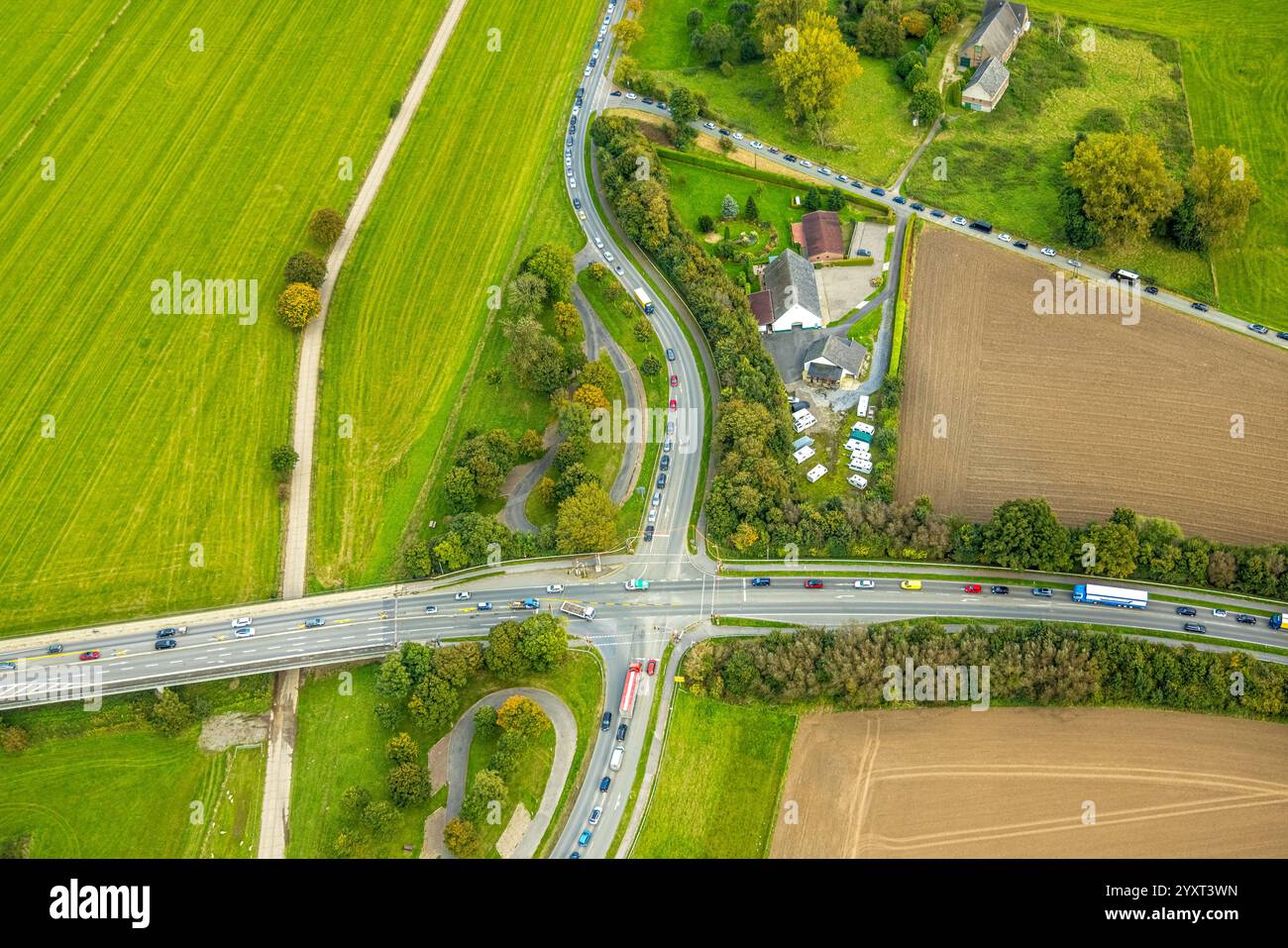 Aerial view, road traffic with traffic jam, bridge Emmericher Straße ... Aerial view, road traffic with traffic jam, bridge Emmericher Straße ...