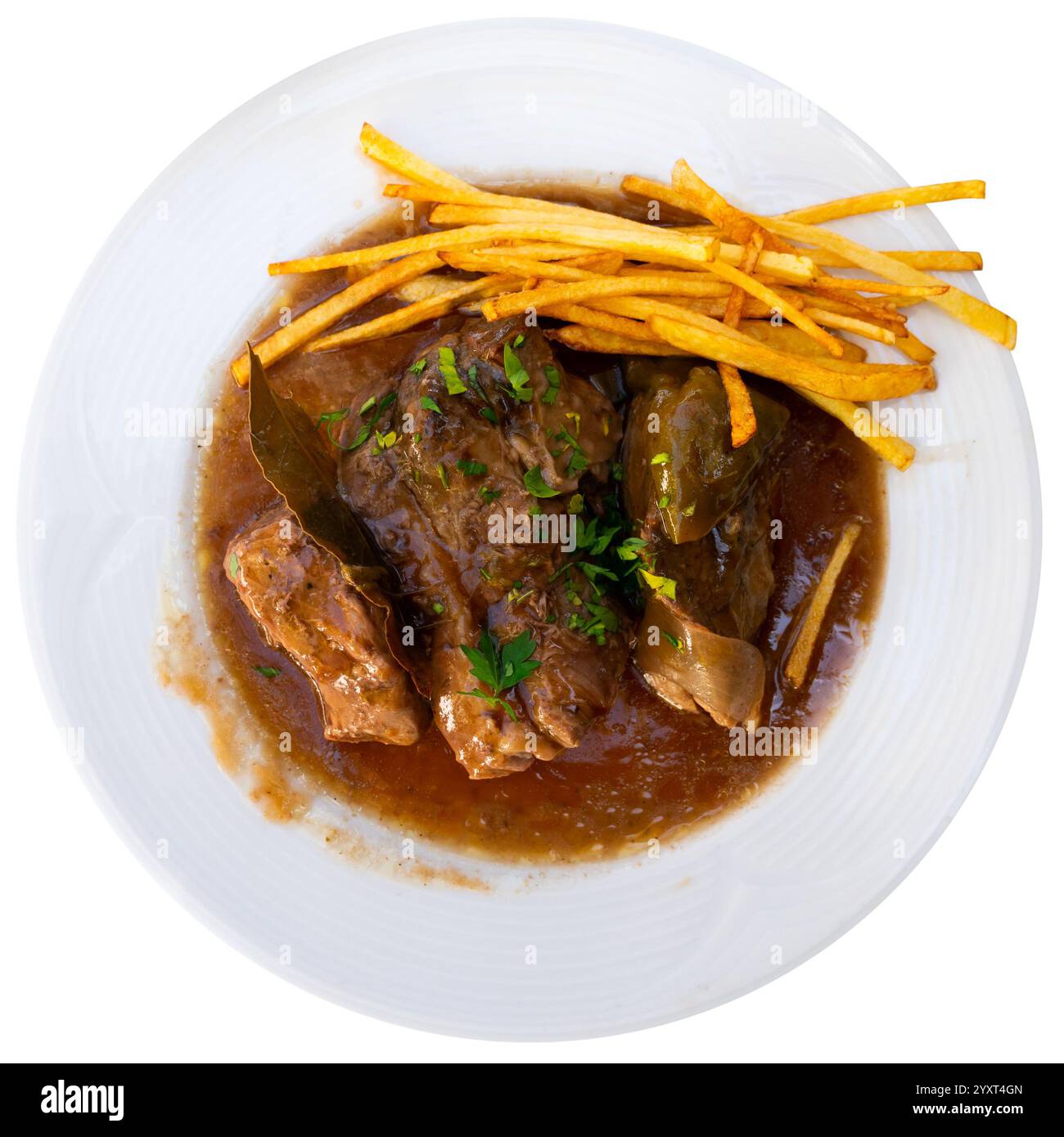 Juicy veal beef stew in wine sauce with French fries Stock Photo - Alamy