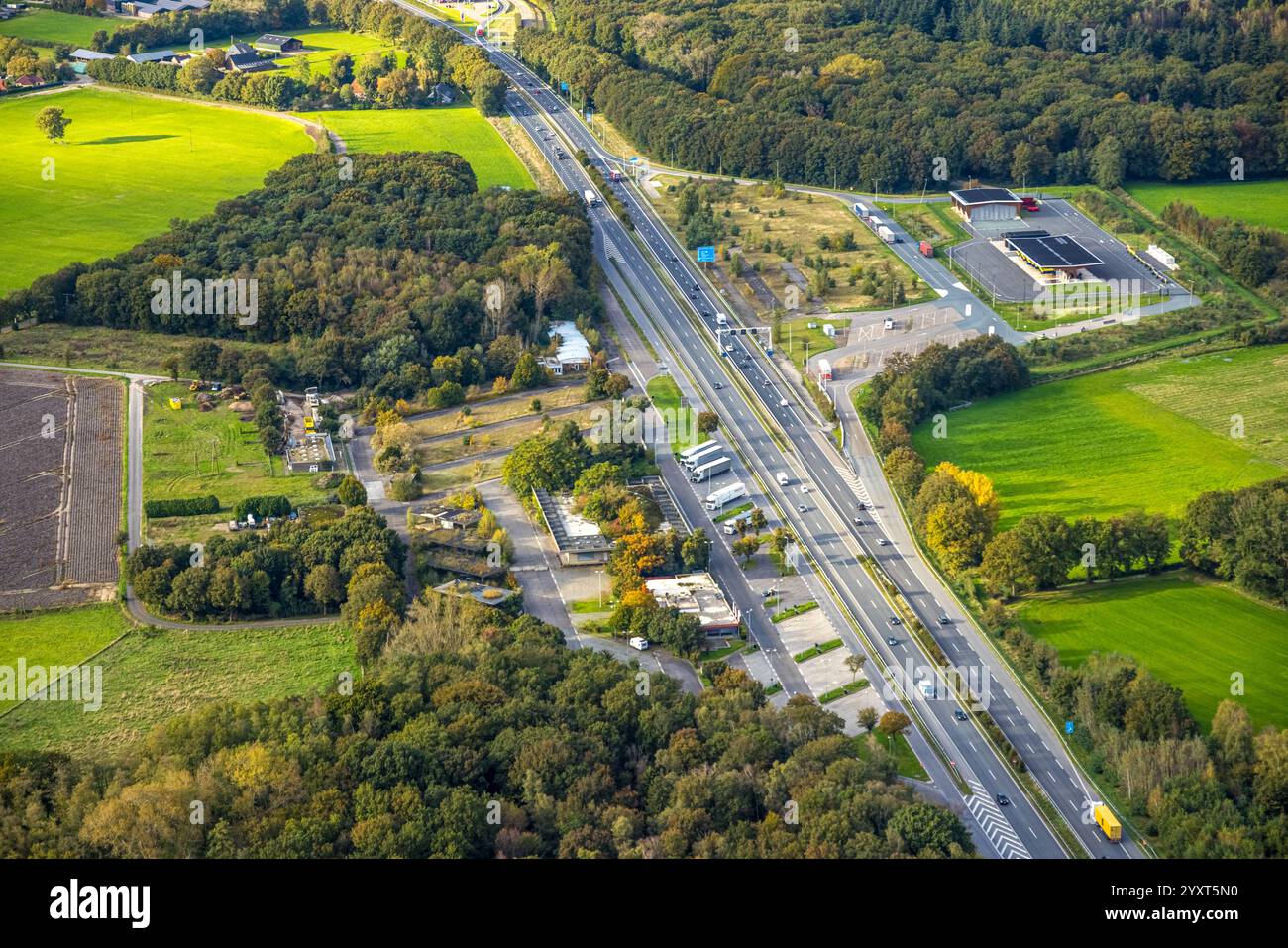 Aerial view, road traffic highway A3 / A12, Knauheide service area ...
