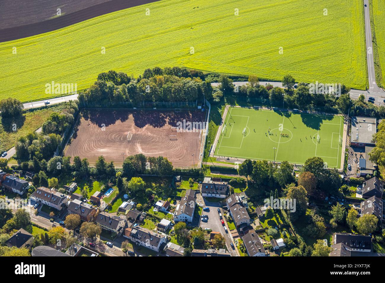 Aerial view, soccer stadium SV Leithe 19/65 e.V. grass pitch and cinder ...