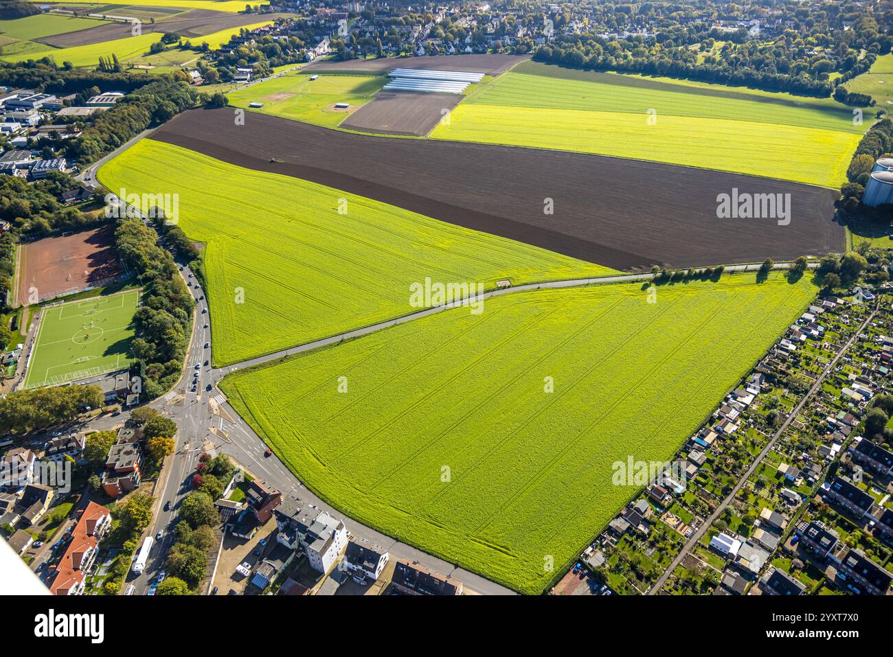 Aerial view, large meadow area on Hochfeldstraße, soccer stadium SV ...