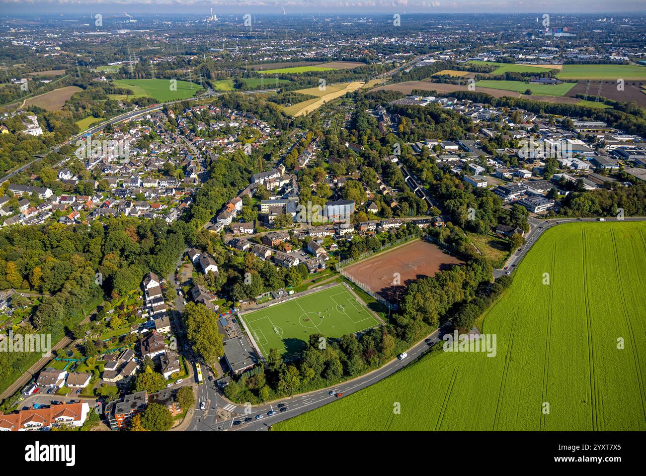 Aerial view, soccer stadium SV Leithe 19/65 e.V. grass pitch and cinder ...