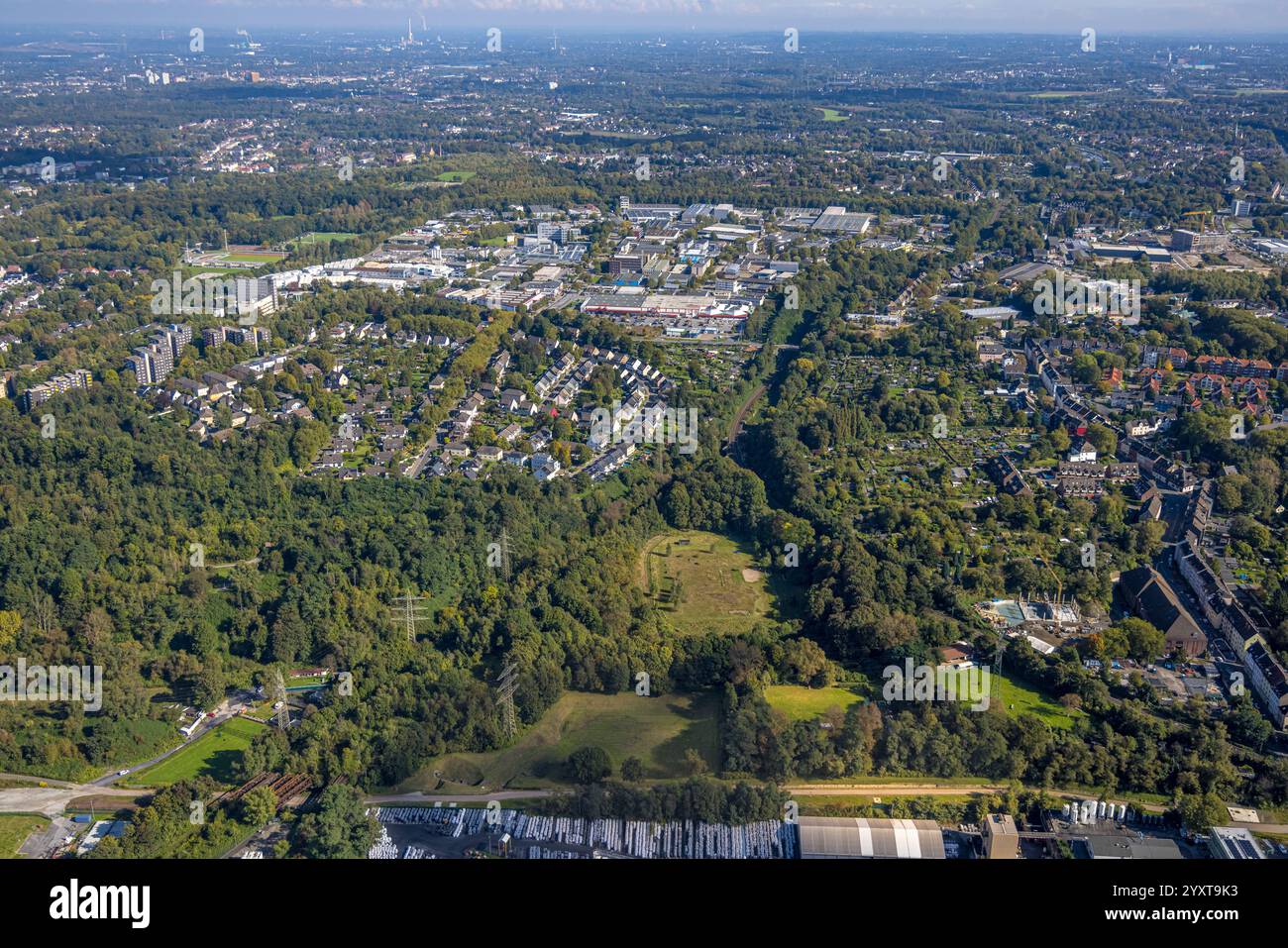 Aerial view, semi-circular housing estate Hangetal forest area ...