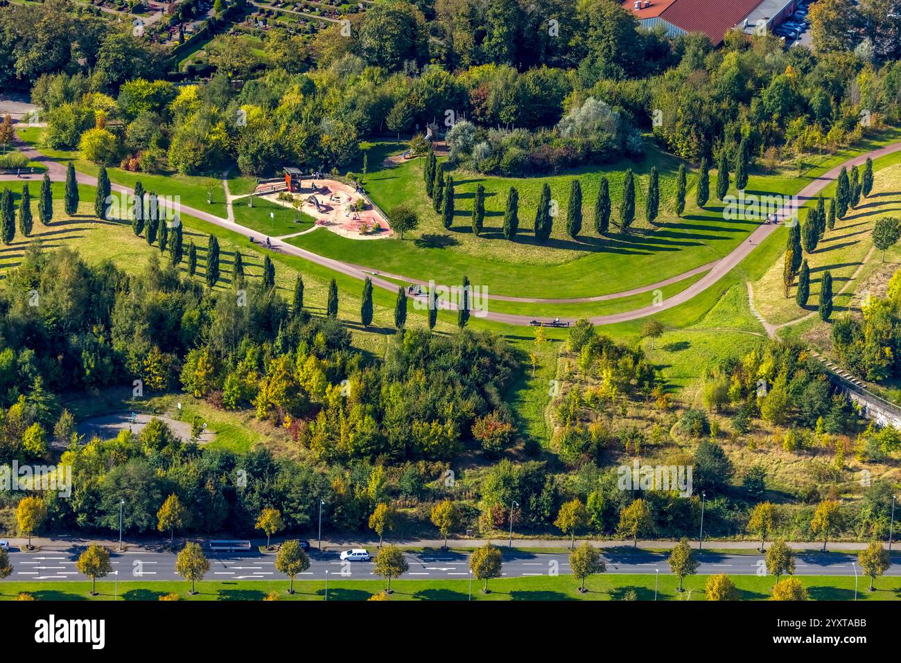 Aerial view, playground, row of trees and gardens in Krupp Park ...