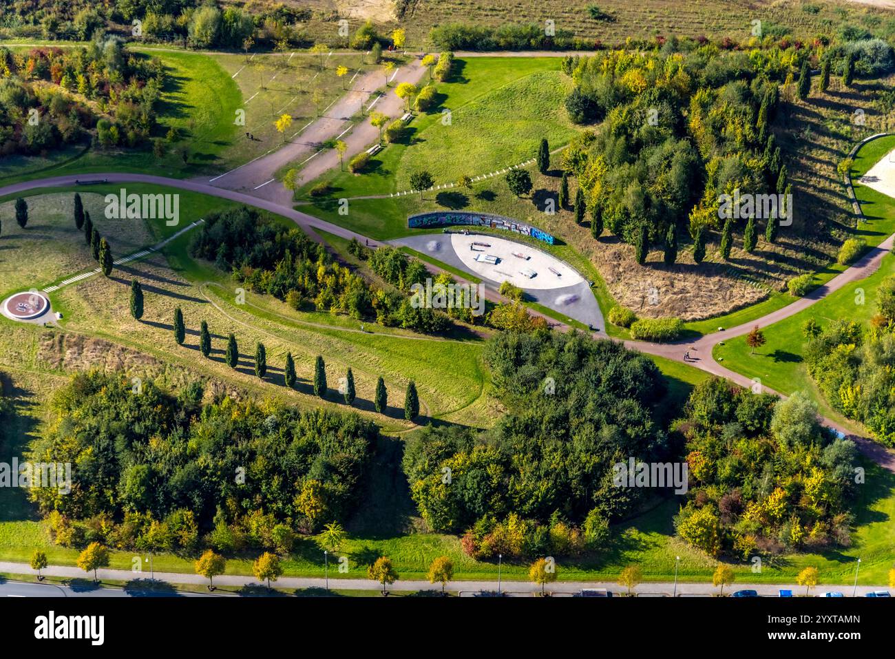Aerial view, skate park, row of trees and gardens in Krupp Park ...