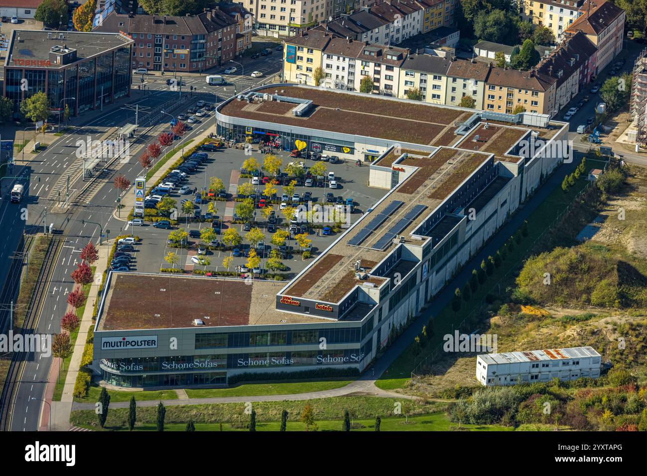 Aerial view, shopping center with Aldi supermarket and Edeka ...