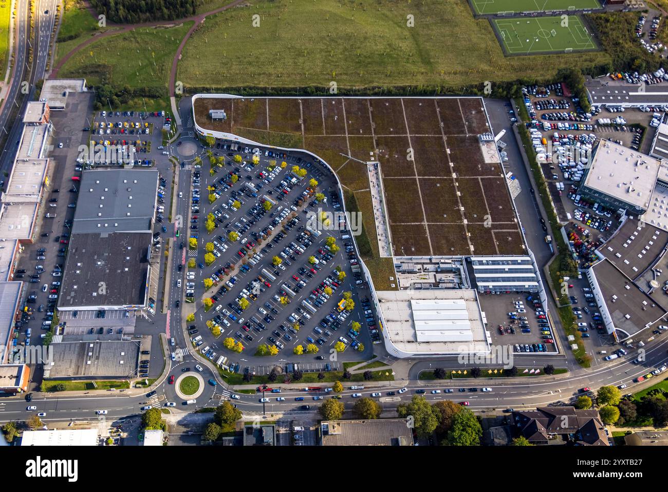 Aerial view, Kronenberg Center with parking lots, shapes and colors ...