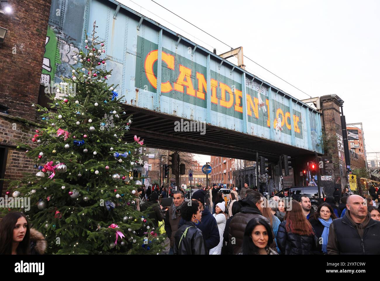 Christmas tree on Camden Market by Camden Lock railway bridge, in north ...