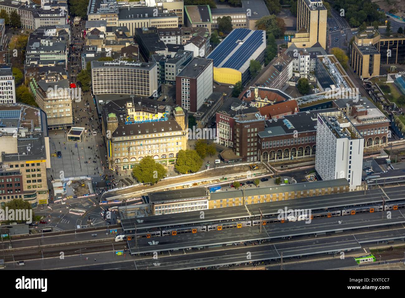 Aerial view, central station with Premier Inn Essen City Centre Hotel ...