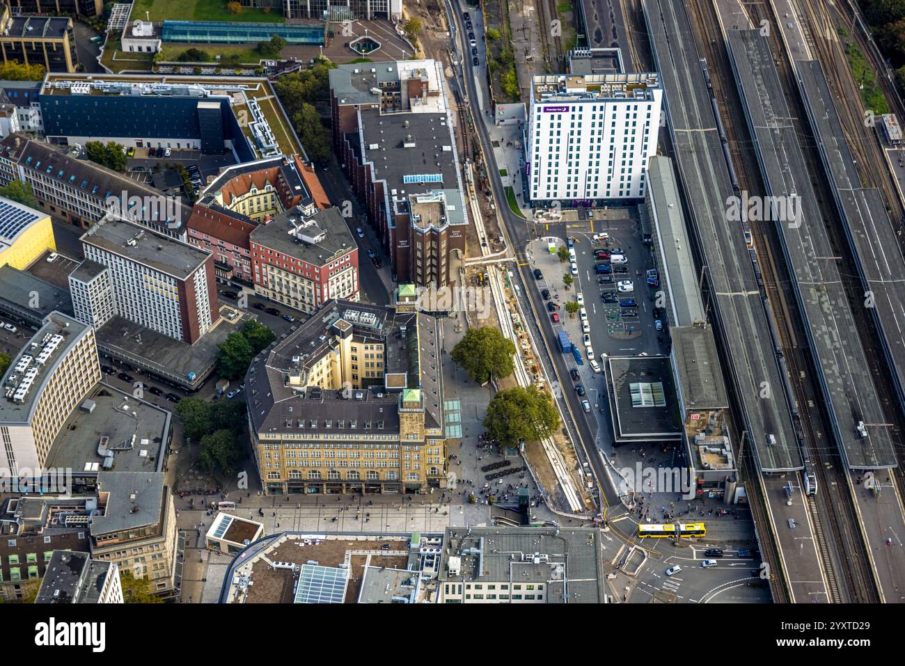 Aerial view, central station with Premier Inn Essen City Centre Hotel ...