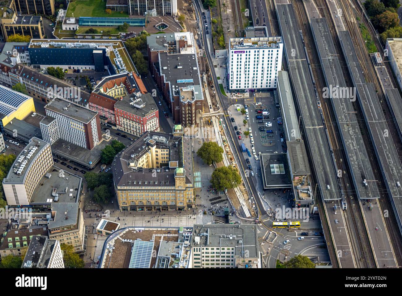 Aerial view, central station with Premier Inn Essen City Centre Hotel ...