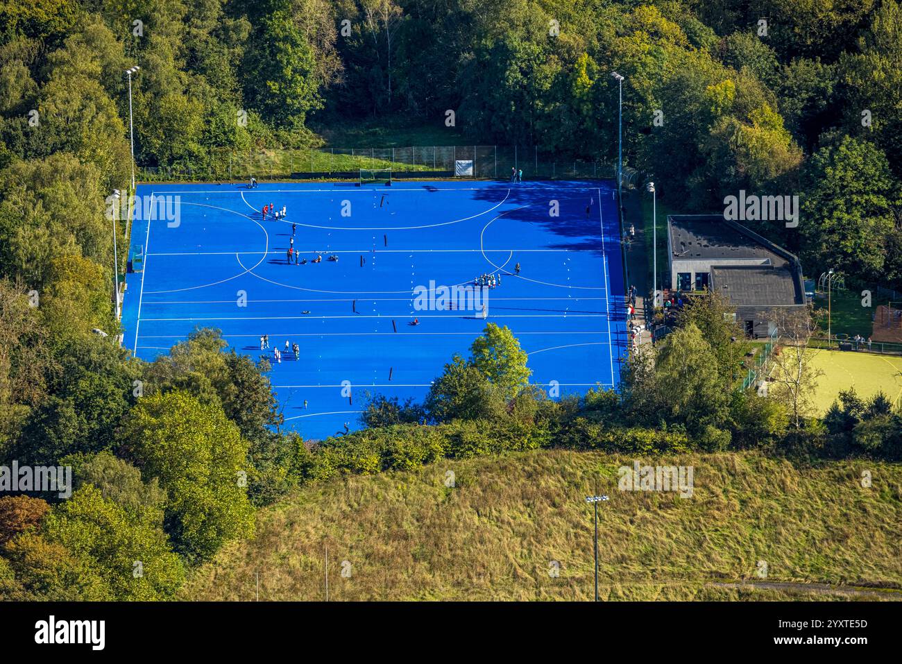 Aerial view, ETB SW Hockey - sports field with blue playing surface ...