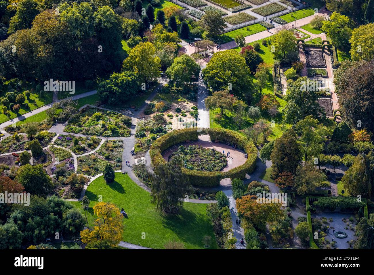 Aerial view, Grugapark and circular hedge with spear thrower sculpture ...