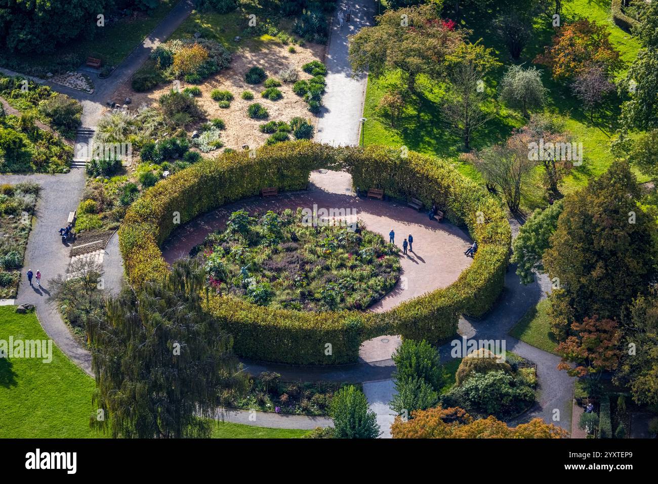 Aerial view, Grugapark and circular hedge with spear thrower sculpture ...