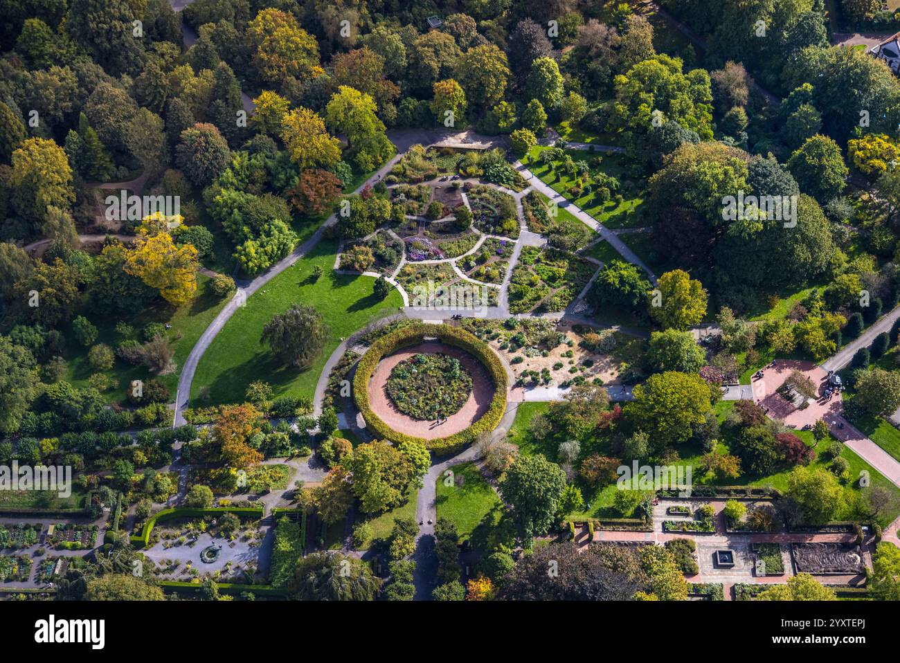 Aerial view, Grugapark and circular hedge with spear thrower sculpture ...