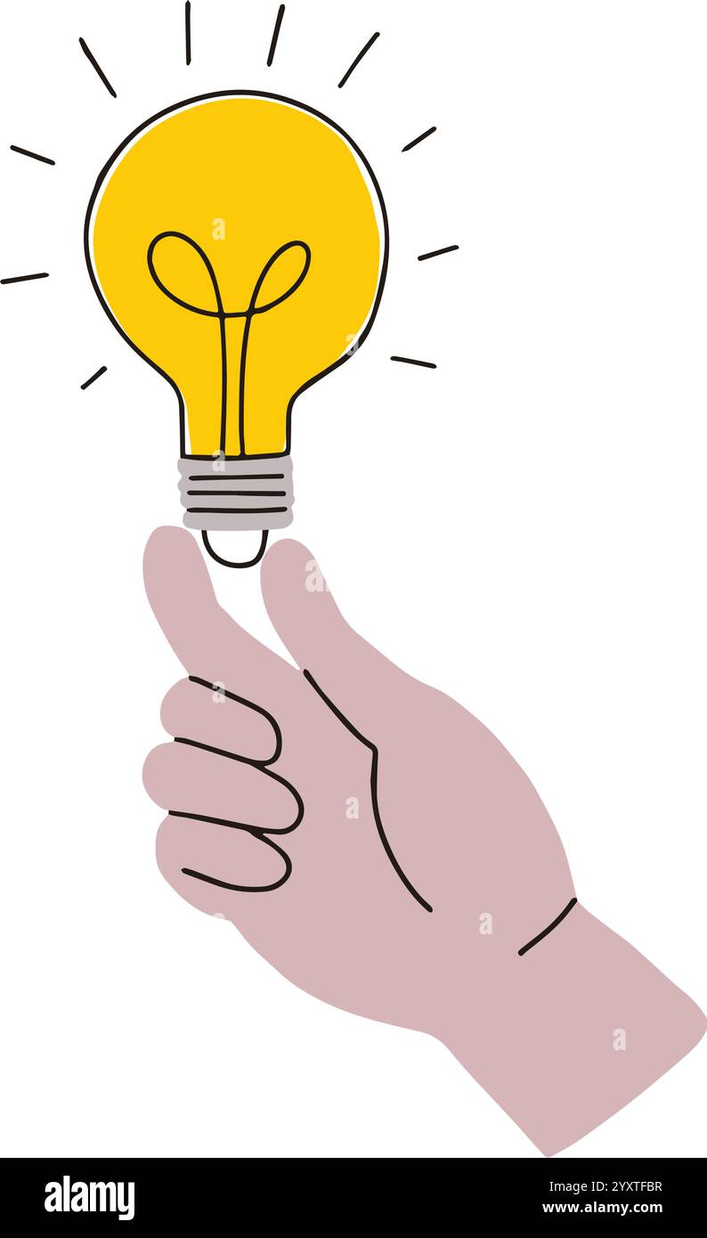 Human hand holding glowing light bulb. Hand drawn doodle icon, sketch. Innovation, idea, new ...