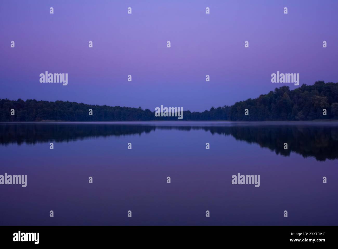 Tranquil European Lake at Dawn with Perfect Mirror Reflection of Purple ...