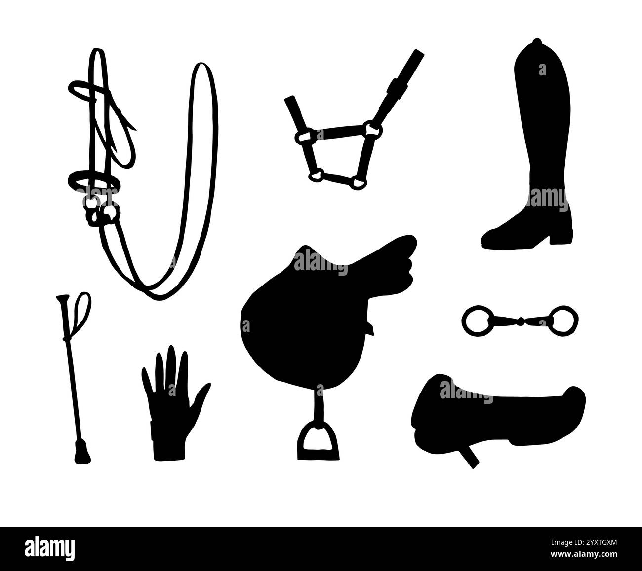 Vector set bundle of black hand drawn doodle sketch equestrian horse ...