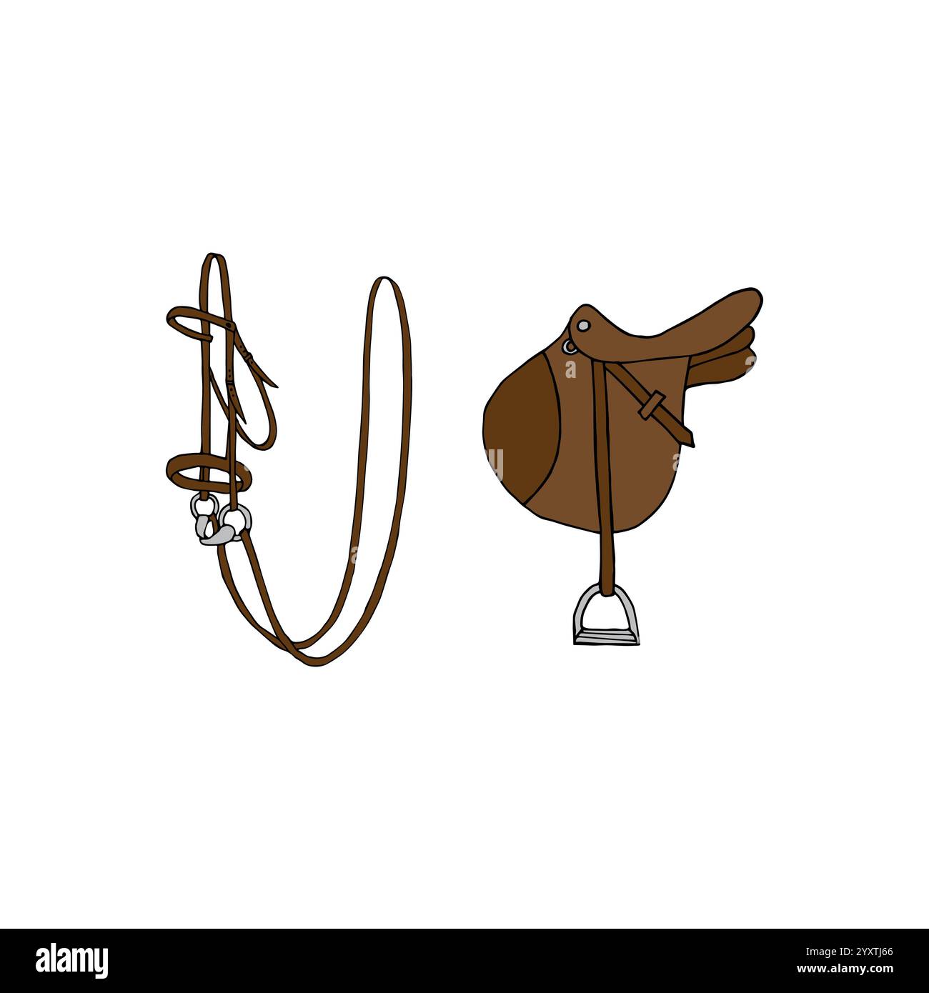 Vector hand drawn doodle sketch equestrian horse bridle and saddle isolated on white background ...