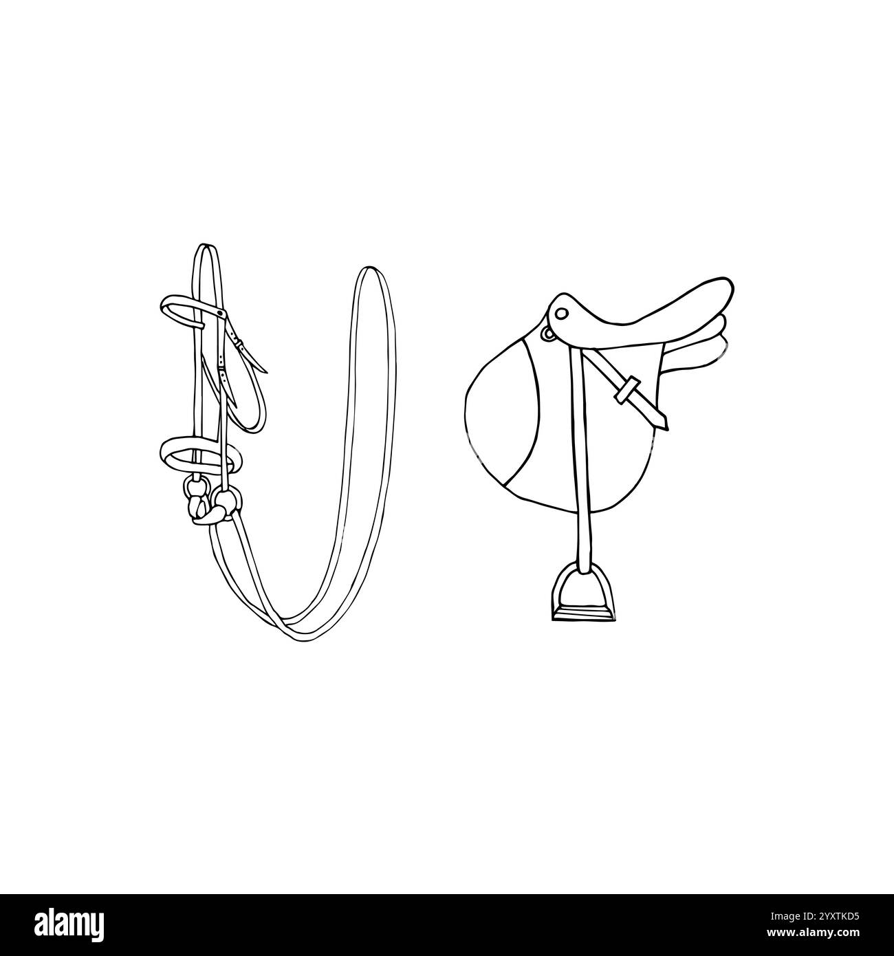 Vector hand drawn doodle sketch equestrian horse bridle and saddle isolated on white background ...