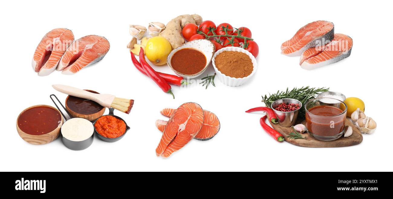 Different types of red fish marinade and salmon steaks on white ...