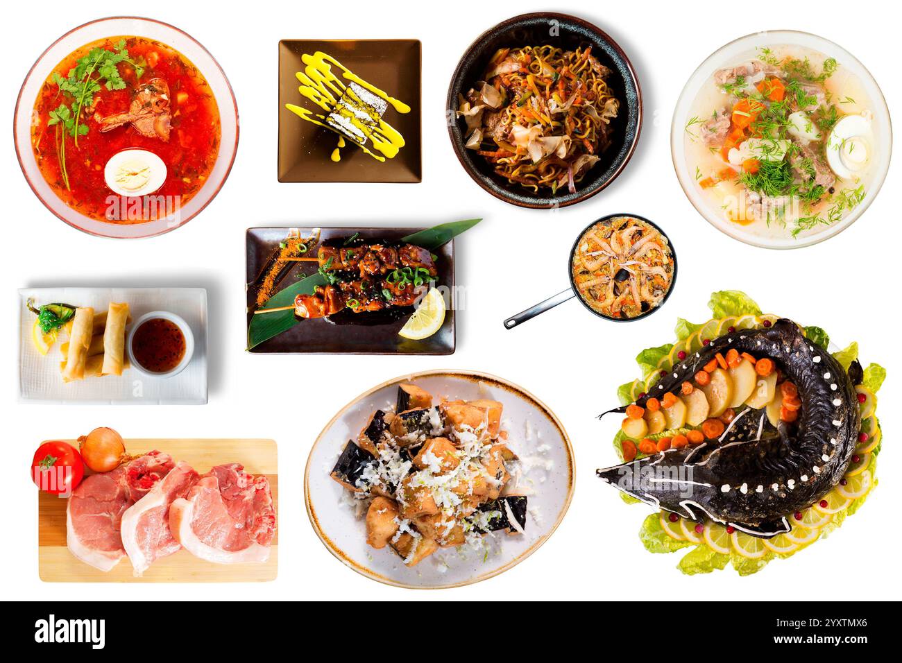 Set of many plates with food over white background Stock Photo - Alamy