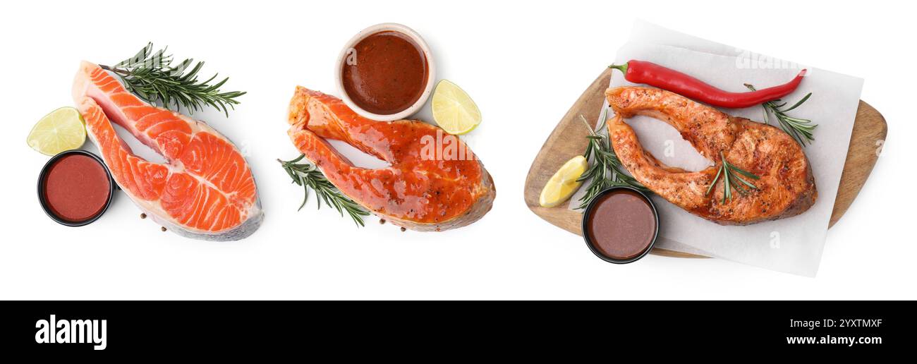 Different types of red fish marinade and salmon steaks on white ...