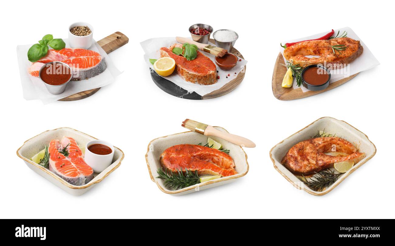 Different types of red fish marinade and salmon steaks on white ...