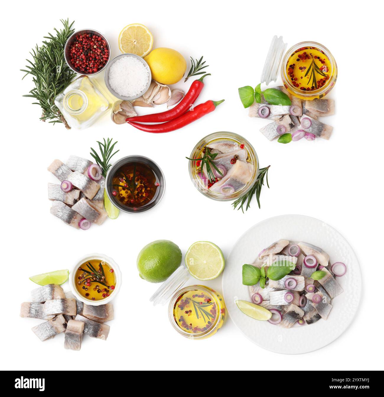Different types of fish marinade and herring pieces on white background ...