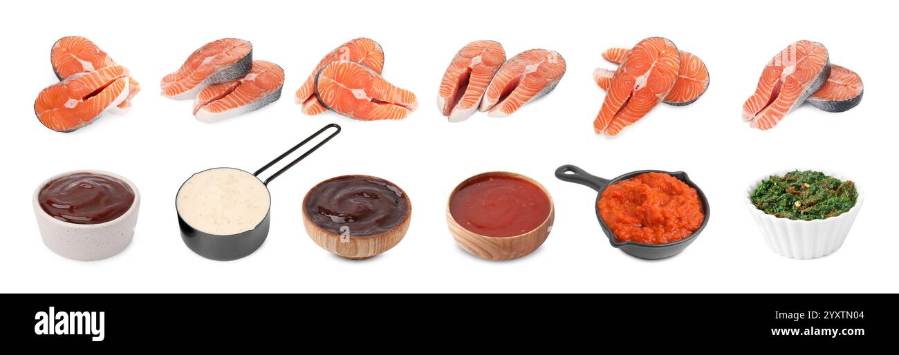 Different types of red fish marinade and salmon steaks on white ...